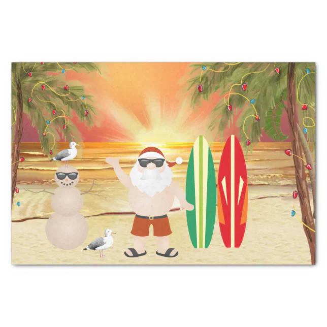 Cute Santa and Surfboards Beach Surfing Christmas Tissue Paper | Zazzle