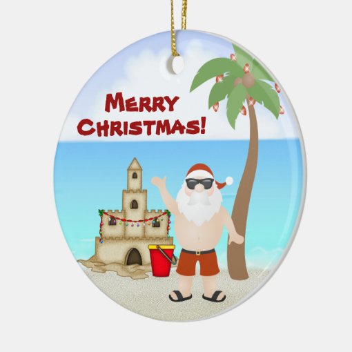 Cute Santa at the Beach Merry Christmas Holiday Ceramic Ornament | Zazzle