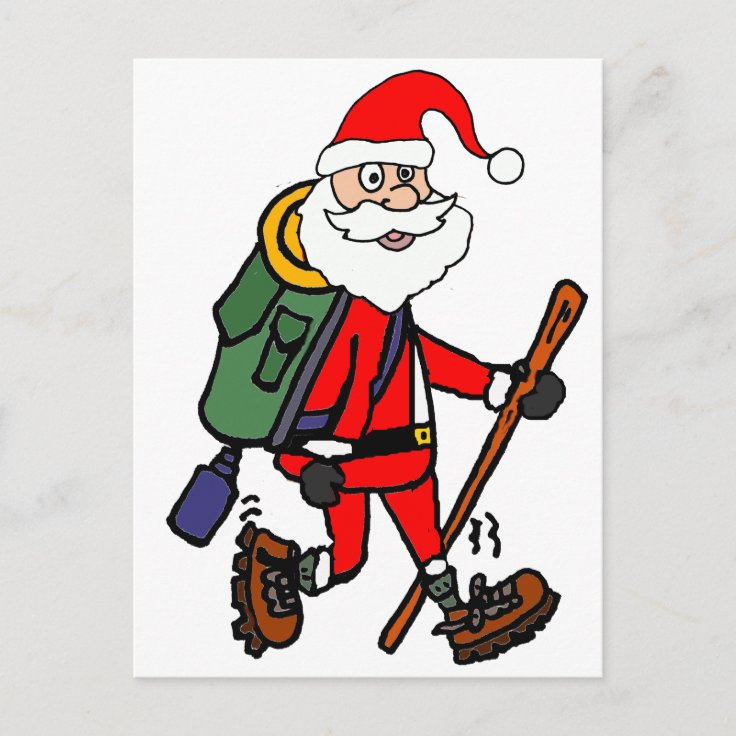 Cute Santa Claus Hiking Christmas Cartoon Holiday Postcard | Zazzle