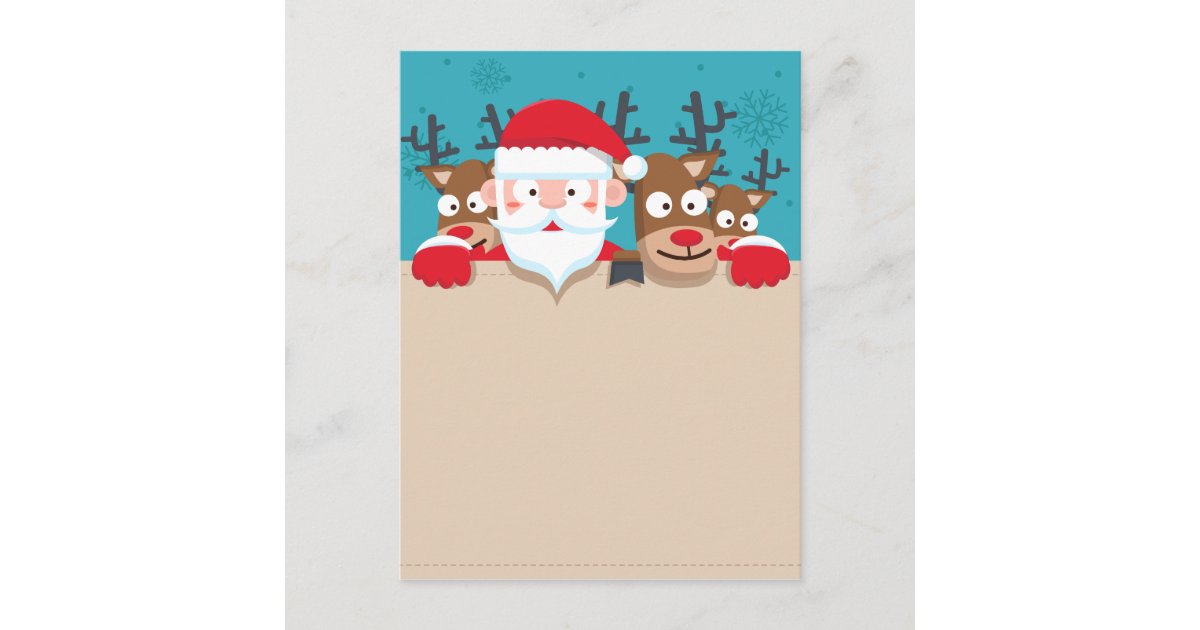 Cute Santa Claus peeking with reindeers Christmas Holiday Postcard | Zazzle