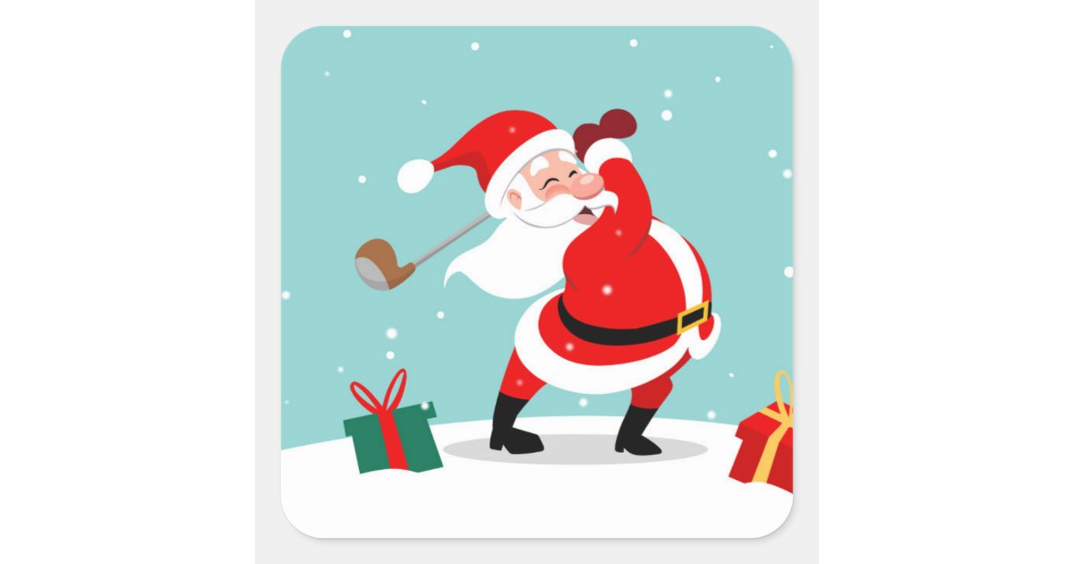 Cute Santa Claus plays golf illustration Square Sticker | Zazzle