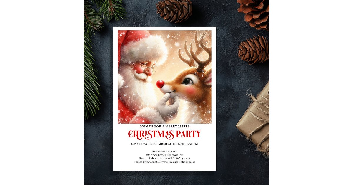 Cute Santa Claus Rudolph Christmas Holiday Party Invitation | Zazzle