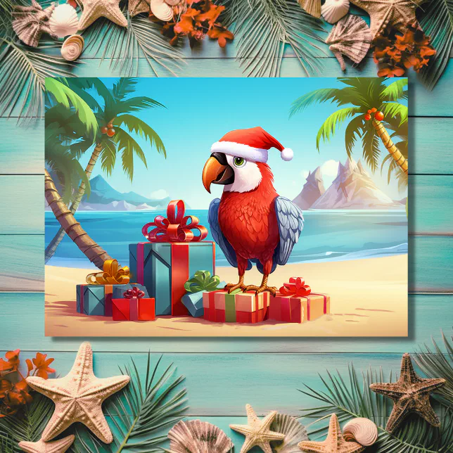 Cute Santa Parrot Tropical Beach Christmas Holiday Card | Zazzle