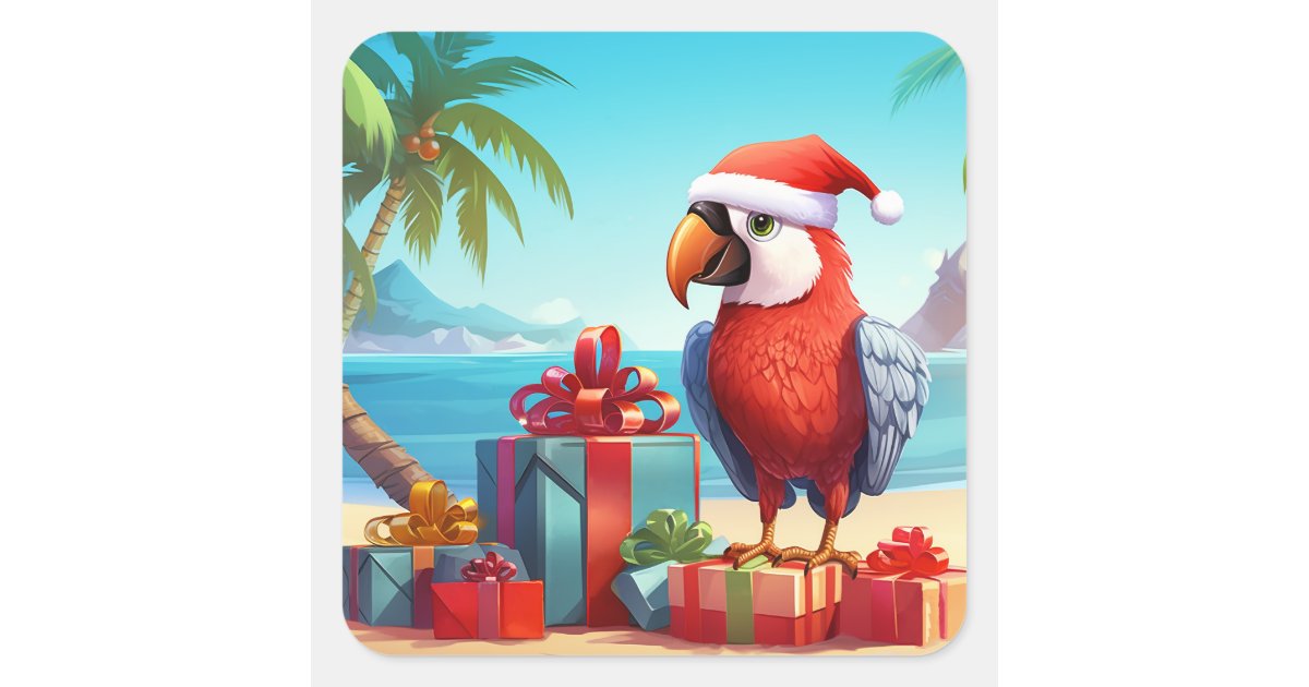 Cute Santa Parrot Tropical Beach Christmas Square Sticker | Zazzle
