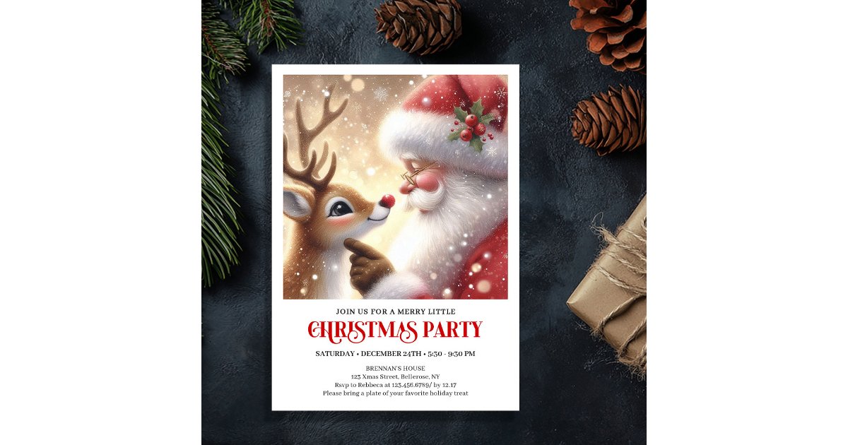 Cute Santa Rudolph Holiday Celebration Invitation | Zazzle