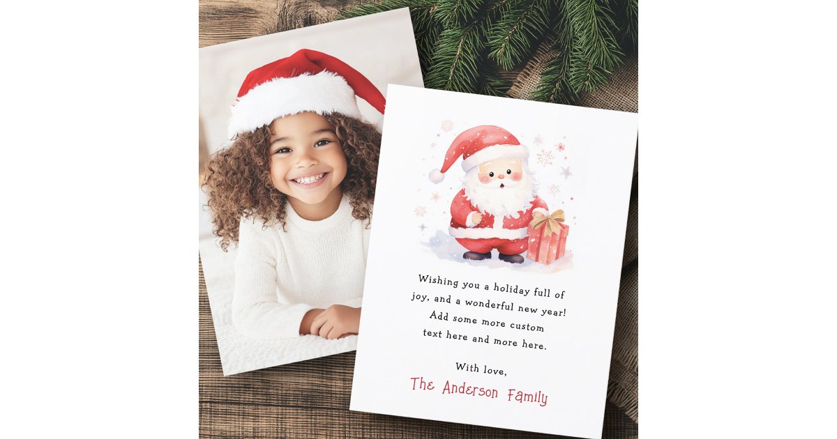 Cute Santa watercolor Merry Christmas photo Holiday Card | Zazzle