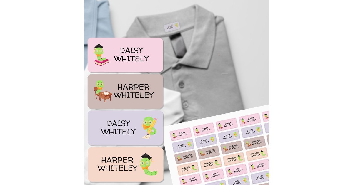 Cute School Bookworm Kids Name Clothing Labels | Zazzle