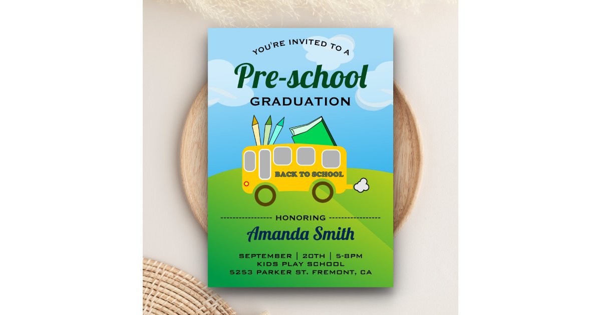 Cute School Bus Preschool Graduation Invitation | Zazzle