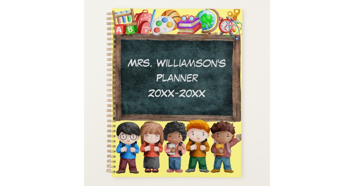 Cute School Watercolor Chalkboard Text Teacher Pla Planner | Zazzle