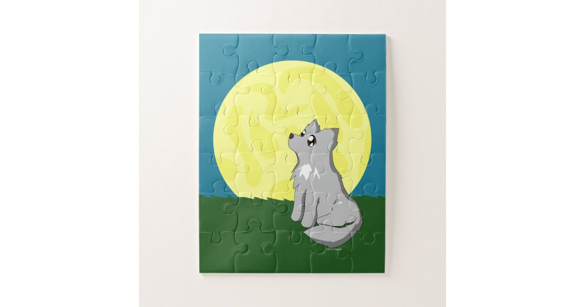 Cute Scruffy Wolf with Moon Kids Puzzle | Zazzle