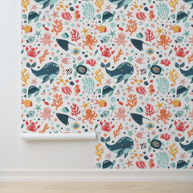 Cute Sea Creatures Turtle Whale Kids Pattern Wallpaper | Zazzle
