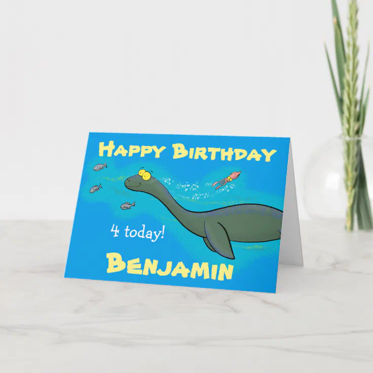 Cute sea monster plesiosaur cartoon illustration card | Zazzle