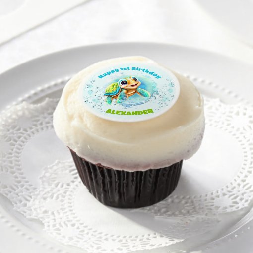Cute Sea Turtle 1st Birthday Boy Edible Frosting Rounds | Zazzle