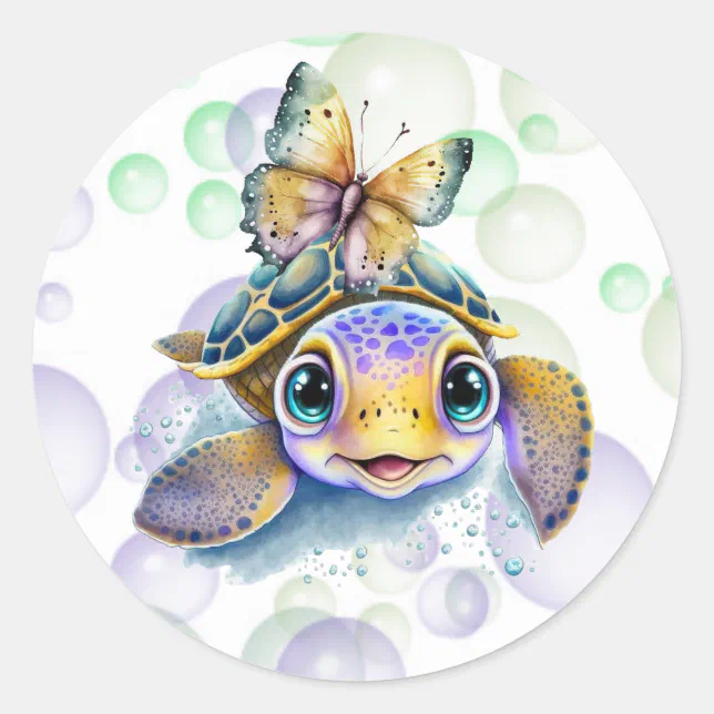 Cute Sea Turtle and a Butterfly Baby Shower Classic Round Sticker | Zazzle