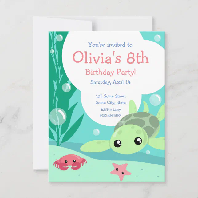 Cute Sea Turtle Birthday Invitation | Zazzle