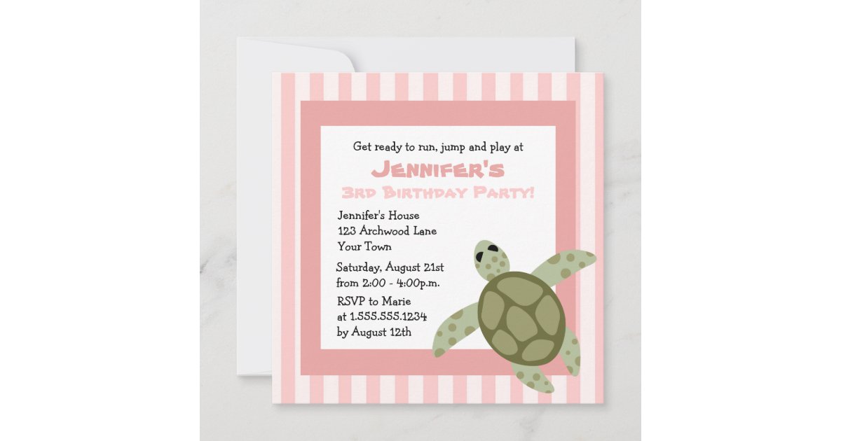 Cute Sea Turtle Birthday Party Invite Pink | Zazzle