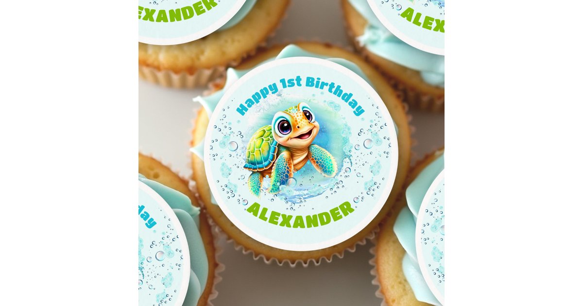 Cute Sea Turtle Colorful Boy 1st Birthday Edible Frosting Rounds | Zazzle