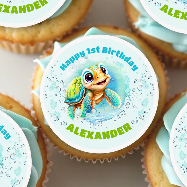 Cute Sea Turtle Colorful Boy 1st Birthday Edible Frosting Rounds | Zazzle