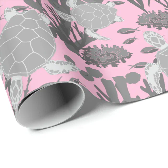 Cute Sea Turtles Gray Pink Coral Reef Print Wrapping Paper | Zazzle