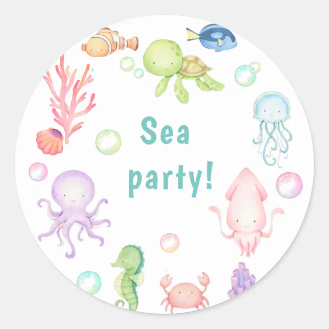 Cute sea world Birthday Party Invitation Classic Round Sticker | Zazzle