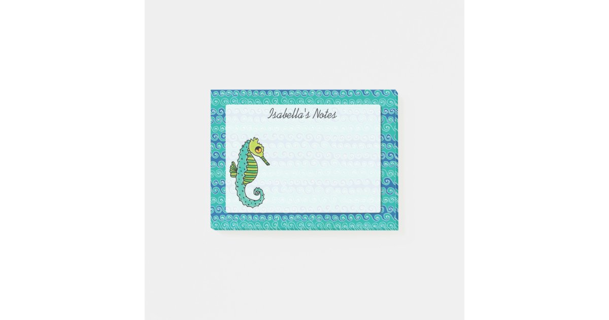 Cute Seahorse Blue and Green Custom Name Post-it Notes | Zazzle