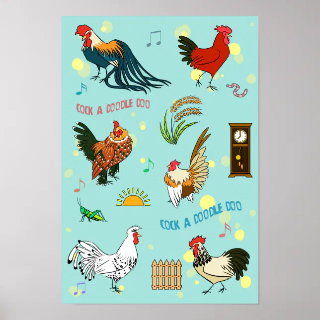 Cute seamless roosters pattern cartoon poster | Zazzle