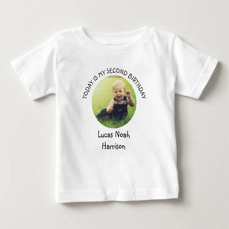 Cute Second Bday Name Round Photo Birthday Party Baby T-Shirt | Zazzle