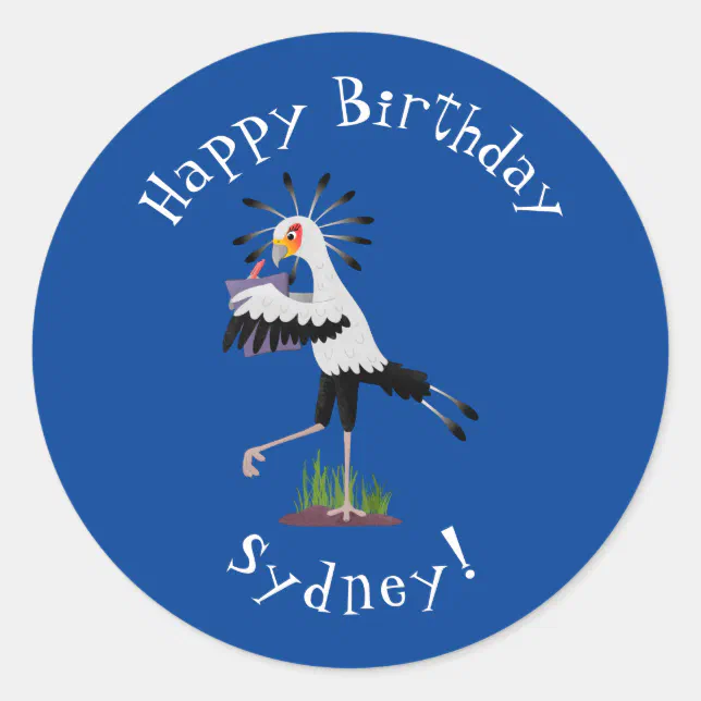 Cute secretary bird writing notes cartoon classic round sticker | Zazzle