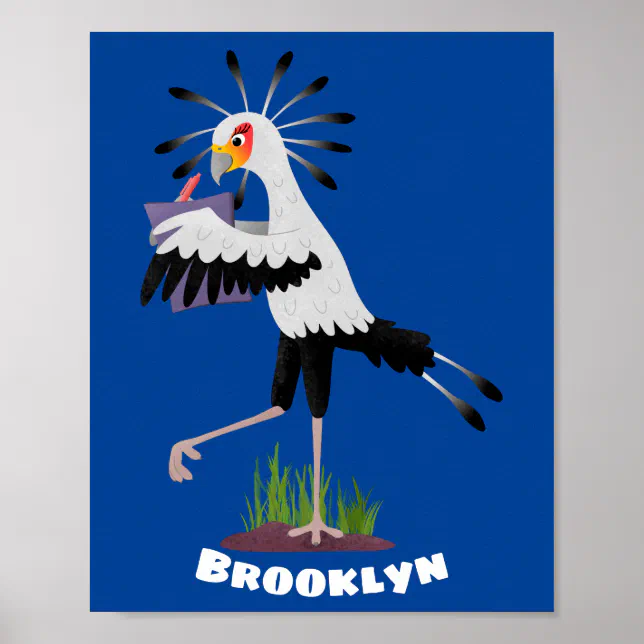 Cute secretary bird writing notes cartoon poster | Zazzle