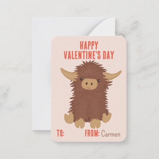 Cute, shaggy Highland cow classroom Valentine Note Card | Zazzle