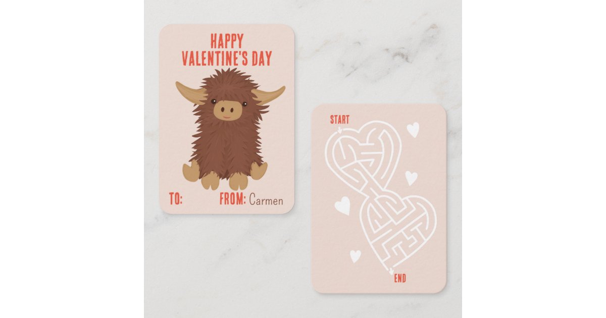 Cute, shaggy Highland cow classroom Valentine Note Card | Zazzle