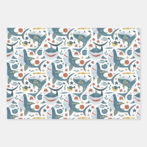 Cute Shark and Fish Pattern Wrapping Paper Sheets | Zazzle
