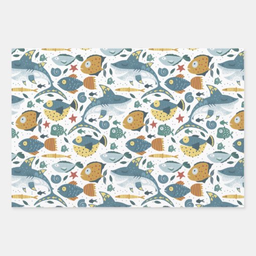 Cute Shark and Fish Pattern Wrapping Paper Sheets | Zazzle