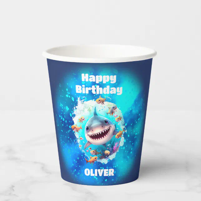 Cute Shark Birthday Personalized Boy Paper Cups | Zazzle