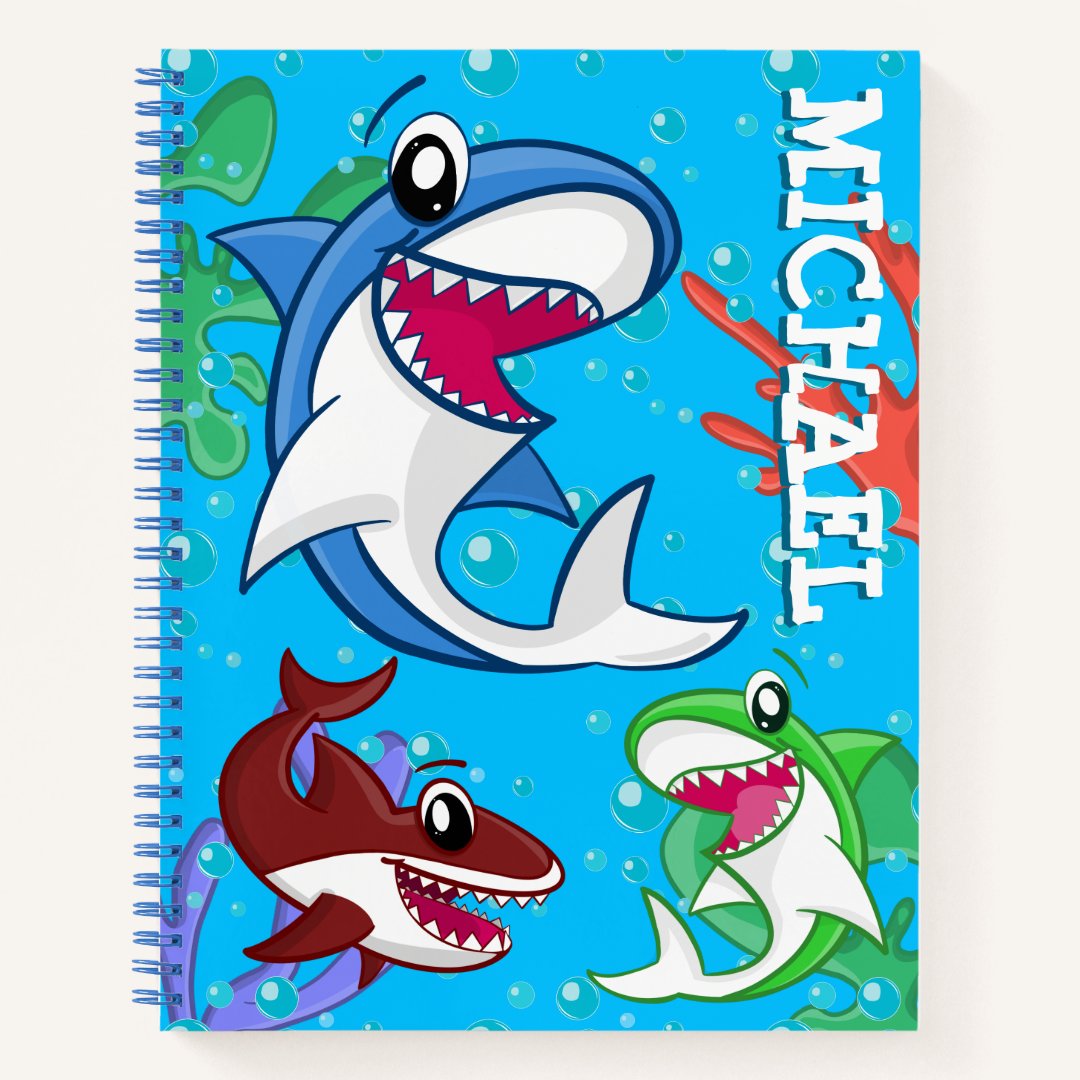 Cute Shark Cartoon Underwater Blue Sea Ocean Fish Notebook | Zazzle