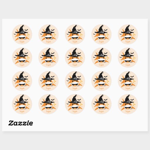 Cute Shark Halloween Witch Custom Name Classic Round Sticker | Zazzle