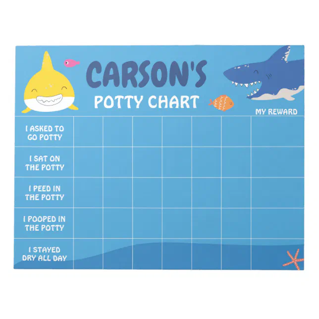 Cute Shark Potty Chart Personalized Name & Tasks Notepad | Zazzle