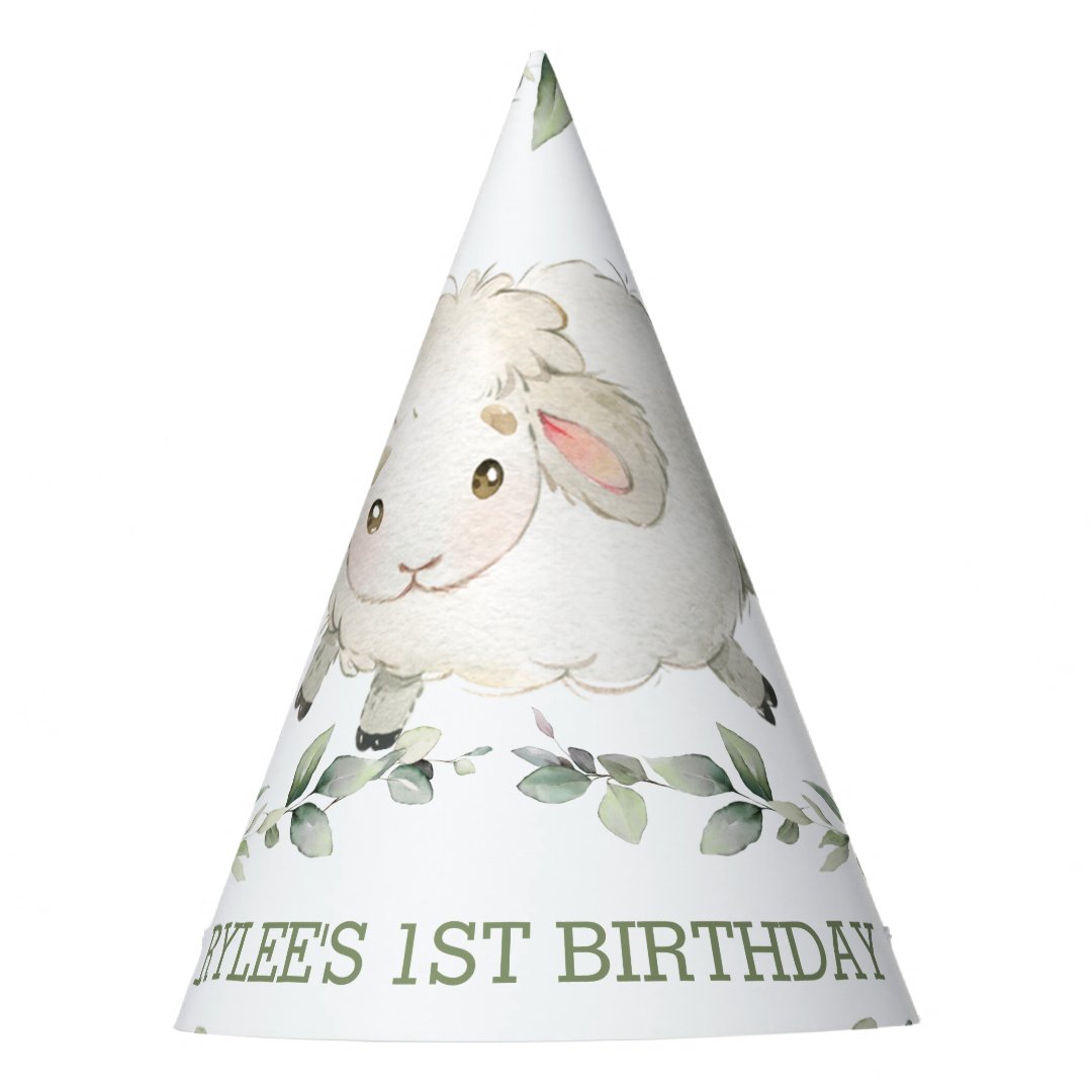 Cute Sheep Farm Greenery 1st Birthday Boy Girl Party Hat | Zazzle
