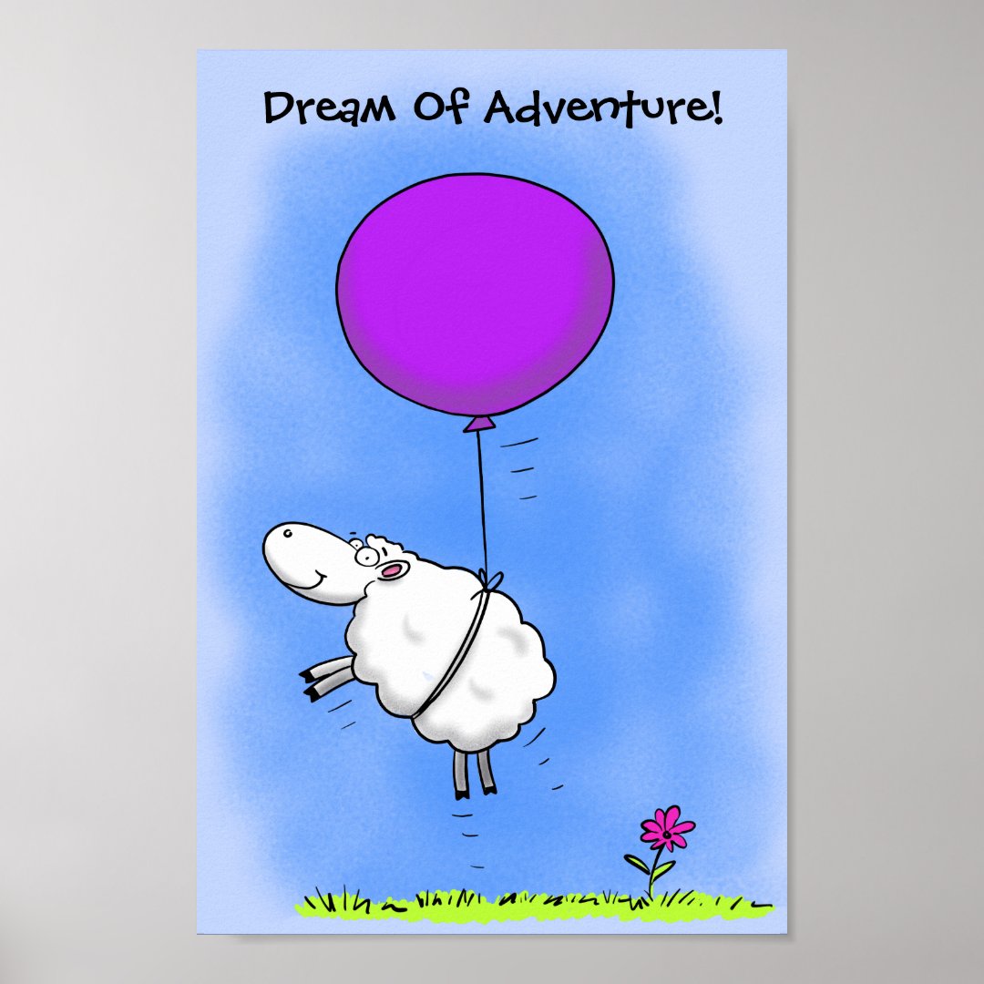 Cute sheep flying with pink balloon cartoon poster | Zazzle