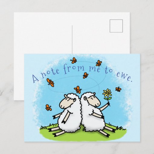 Cute sheep friends and butterflies cartoon postcard | Zazzle