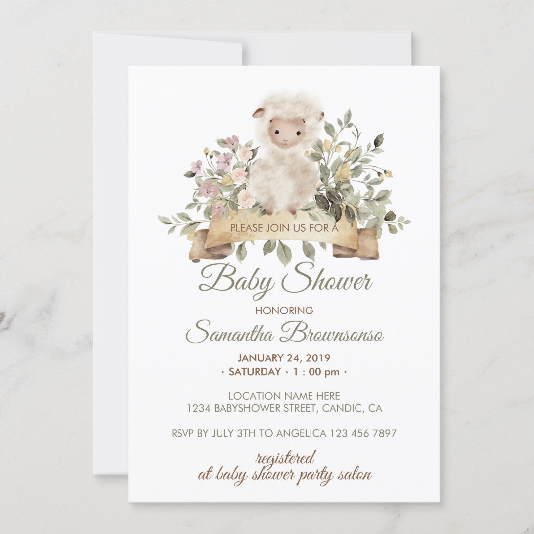 Cute Sheep Lamb Botanical Ribbon Baby Shower Invitation | Zazzle