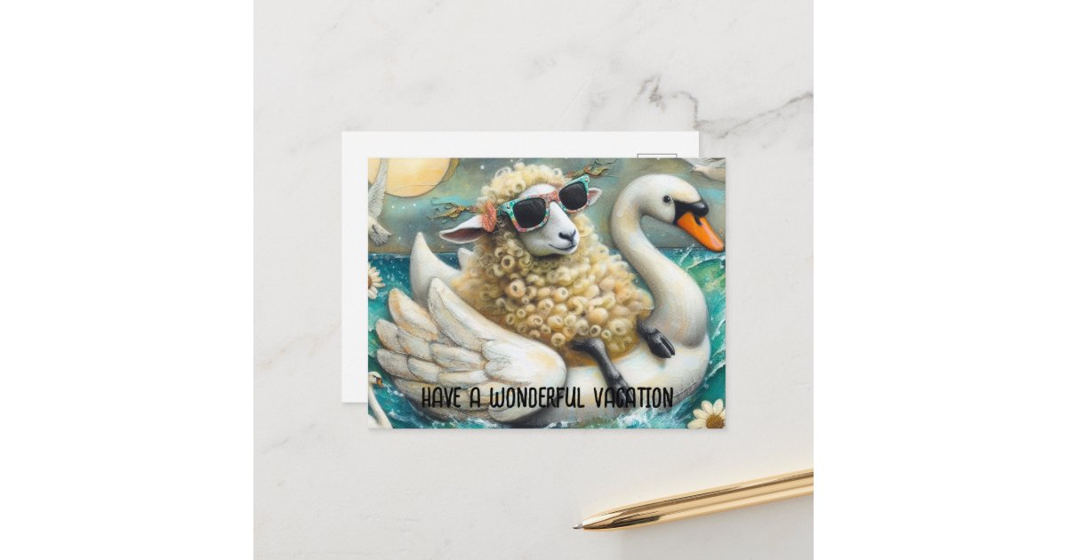 Cute Sheep Swan Floatie Have a Wonderful Vacation Postcard | Zazzle