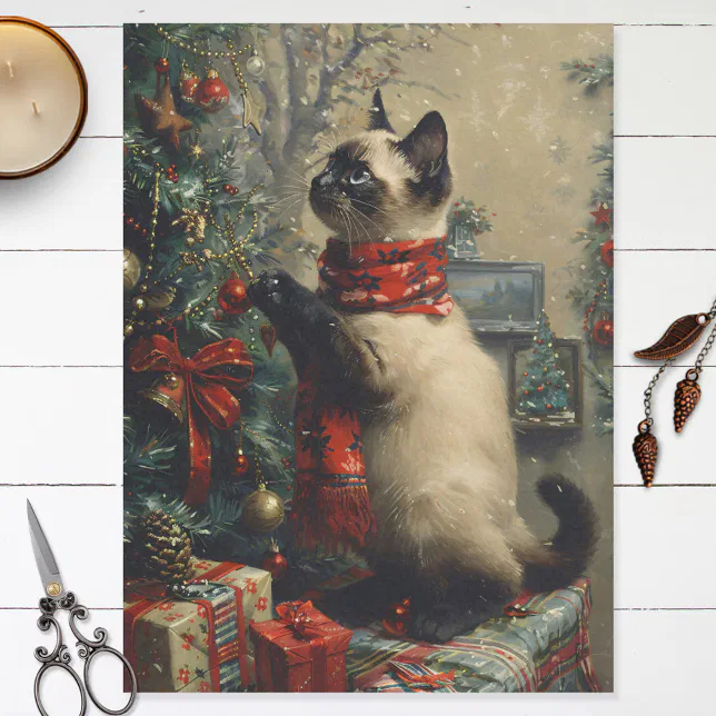 Cute Siamese Cat Christmas Vintage Decoupage Tissue Paper | Zazzle