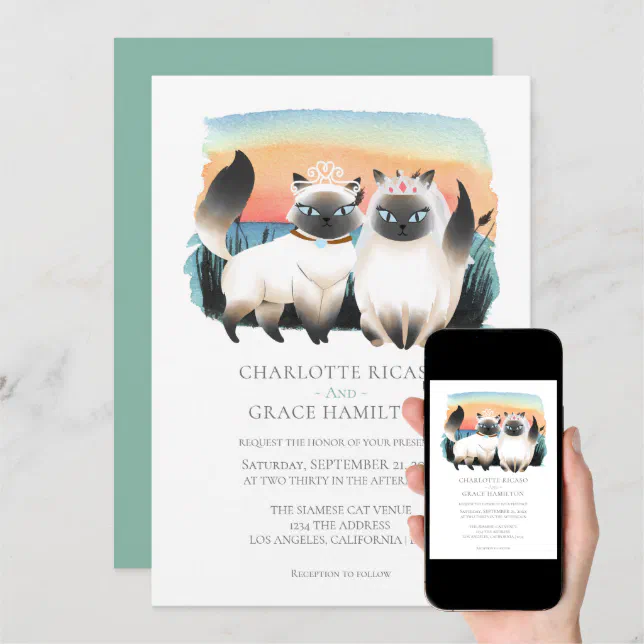 Cute Siamese Cat Gay Couple Wedding Personalized Invitation | Zazzle
