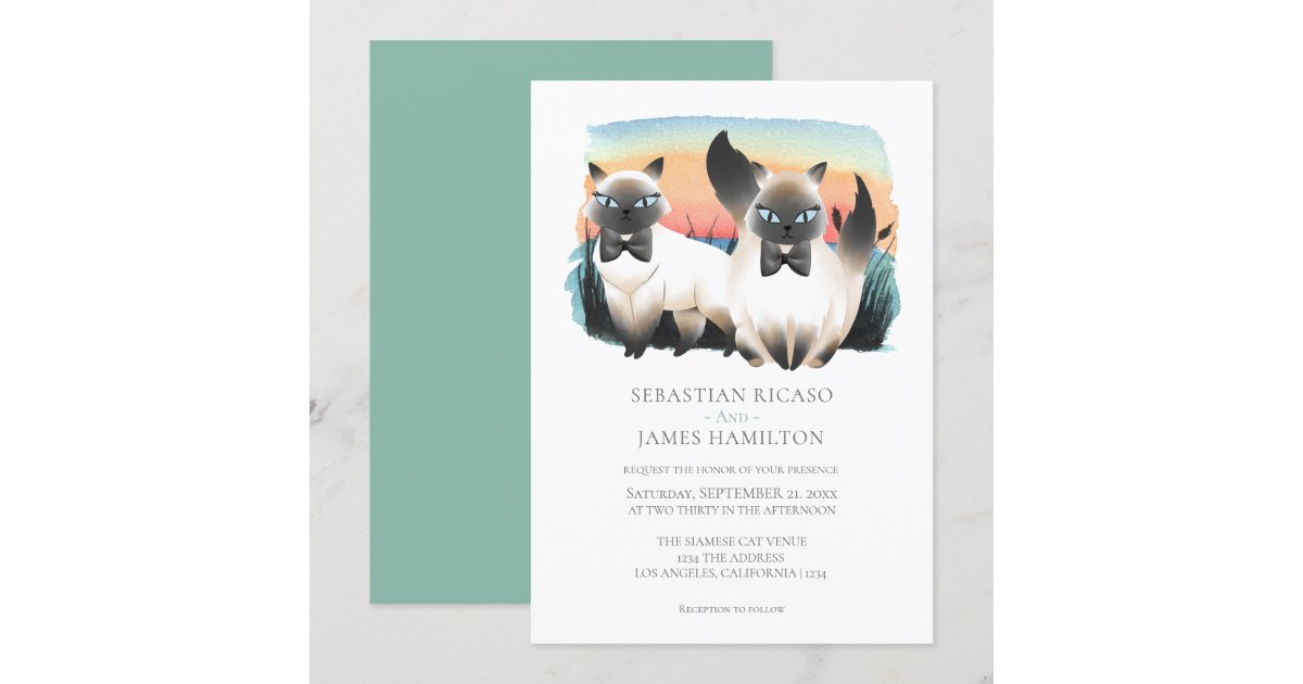 Cute Siamese Cat Gay Couple Wedding Personalized Invitation | Zazzle