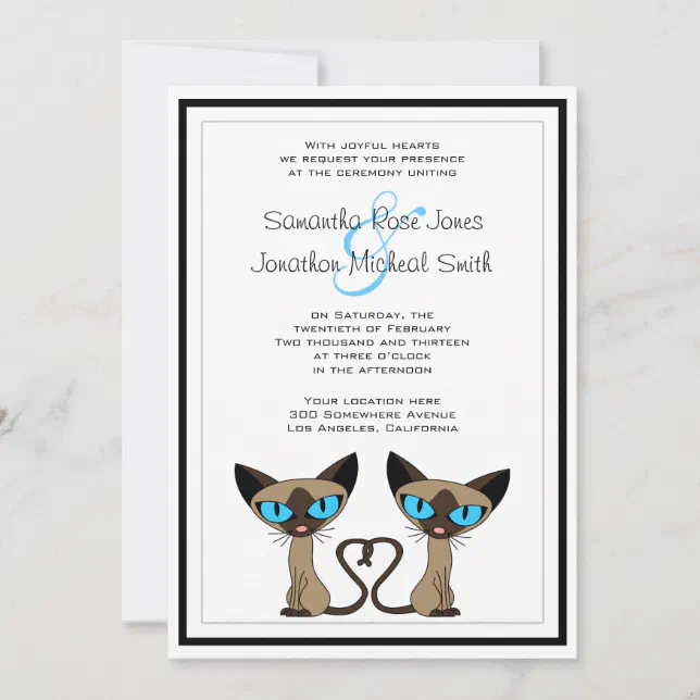 Cute Siamese Cats Tail Heart Wedding Invitation | Zazzle