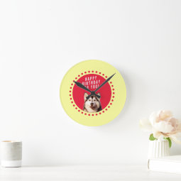 Cute Siberian Husky Dog Happy Birthday Round Clock | Zazzle