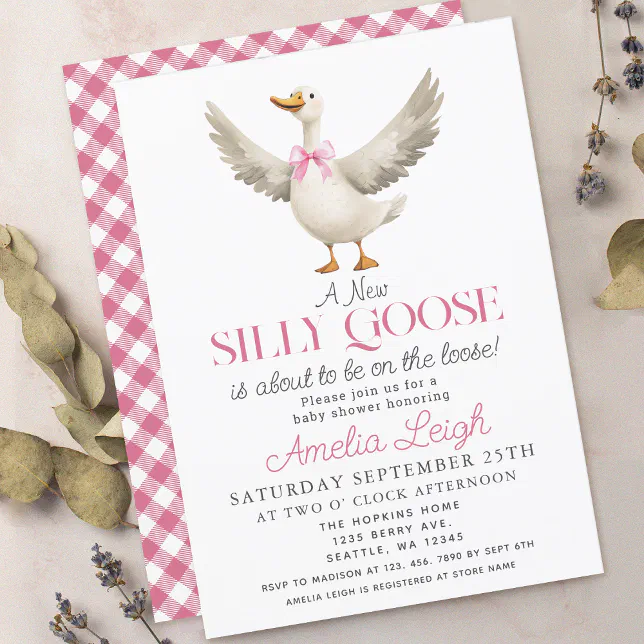 Cute Silly Goose Pink Ribbon Girl Baby Shower Invitation | Zazzle