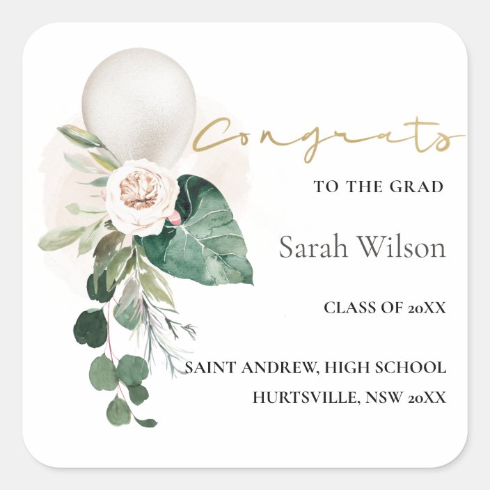 CUTE SILVER WHITE BALLOON FLORAL GRAD CONGRATS SQUARE STICKER | Zazzle.com