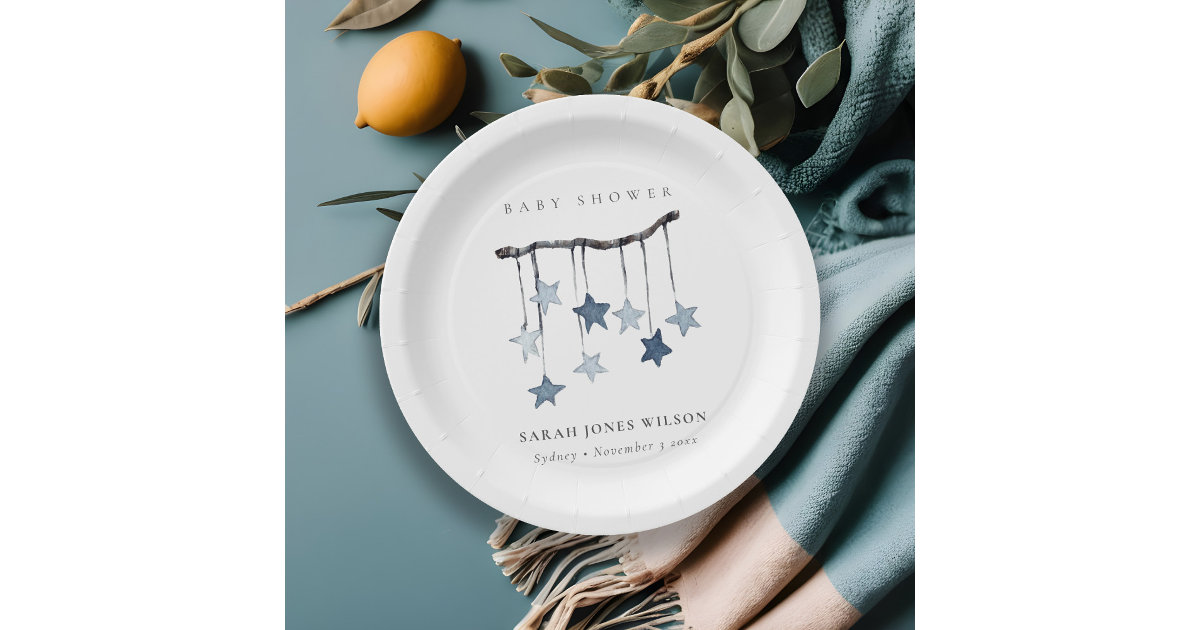 Cute Simple Aqua Blue Star Mobile Baby Shower Paper Plates | Zazzle